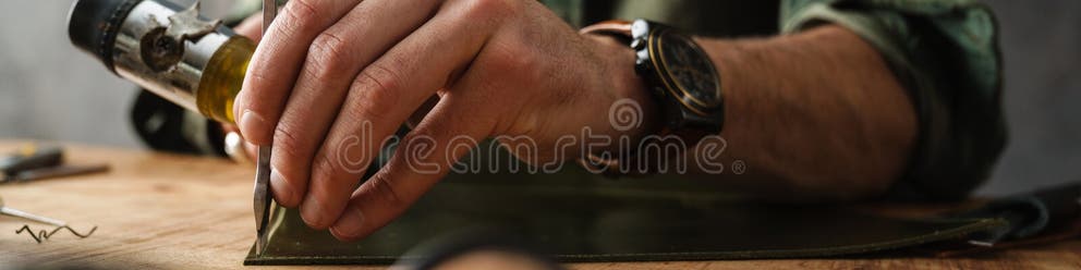 Craftsman Using Hummer while Working with Leather in Workshop Stock ...