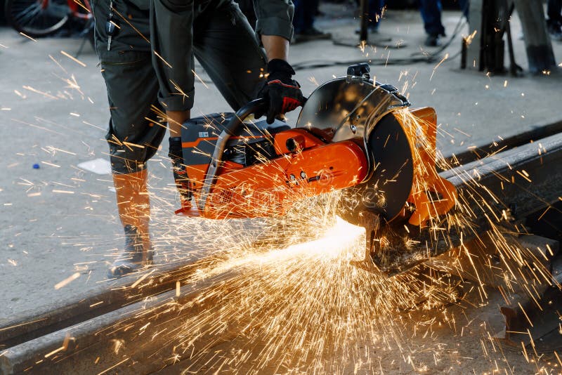 Craftsman Using Machines Cutting Steel Rail Stock Image - Image of fire ...