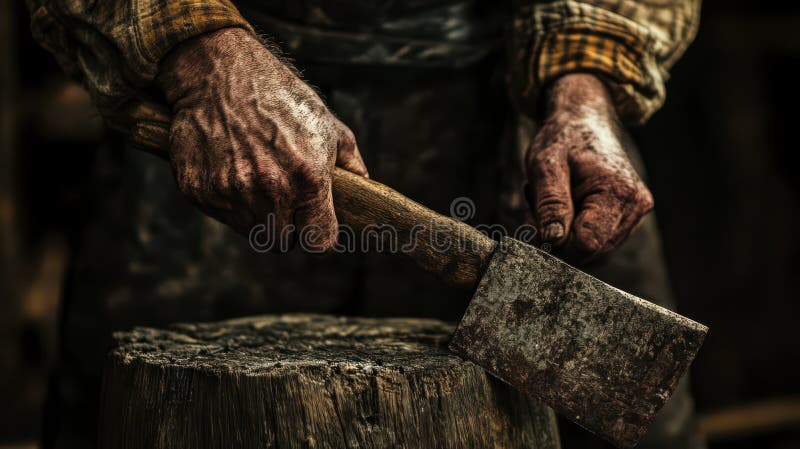 Craftsman Using a Traditional Axe To Shape Wood in a Workshop Setting ...