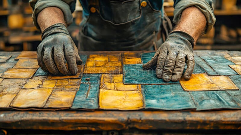 A Craftsman Wearing Gloves Works on a Handmade Leather Patchwork ...