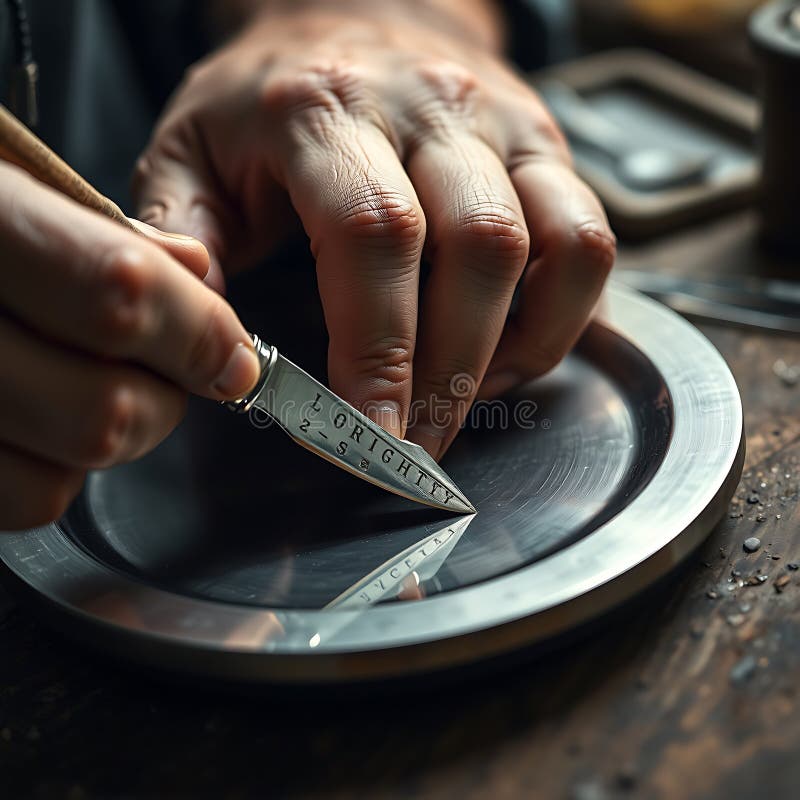 A Craftsmans Hand Holding an Engraving Chisel Working on a Silver Plate ...
