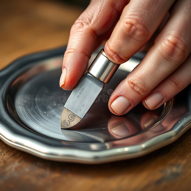 A Craftsmans Hand Holding an Engraving Chisel Working on a Silver Plate ...