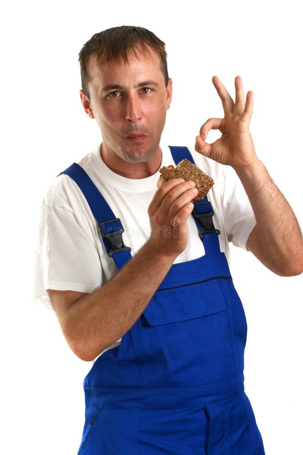 Craftsmen with Blue Overall Eating a Sandwich Stock Photo - Image of ...