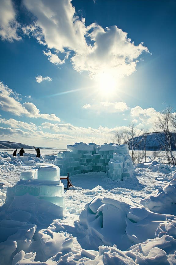 Craftsmen Constructing Icy Structure, Cold Landscape Stock Photo ...