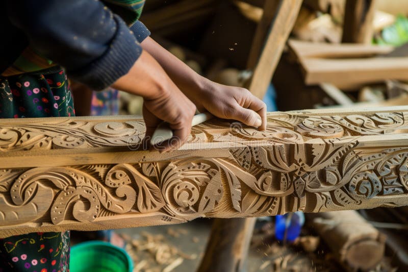 Craftsperson Carving Intricate Designs into Timber Beam Stock Photo ...