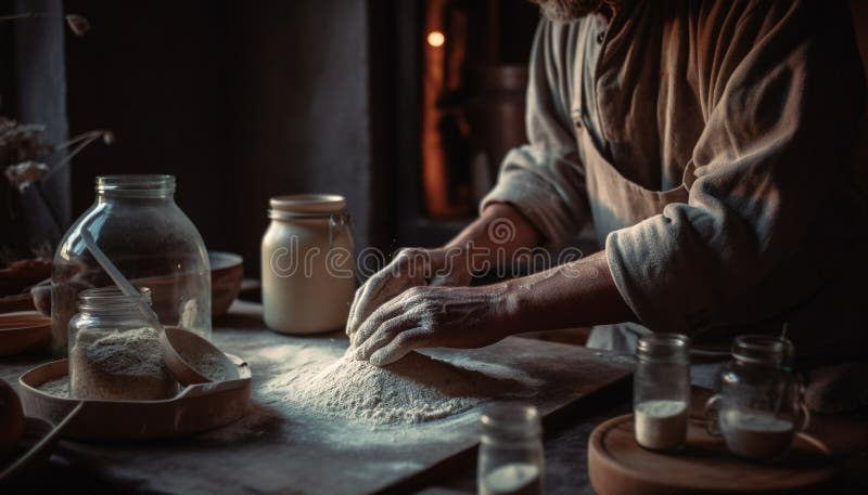 Craftsperson Hand Kneading Homemade Dough for Rustic Bread Preparation ...