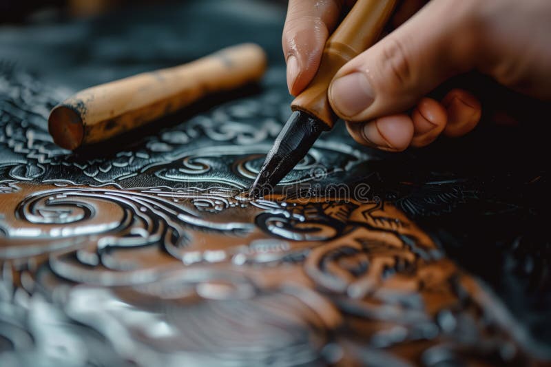 Craftsperson Tooling Designs into Wet Leather Stock Photo - Image of ...