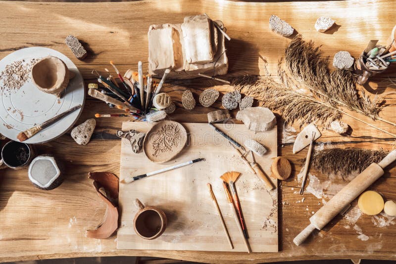 Craftsperson Workspace. Table with Materials and Tools for Pottery ...