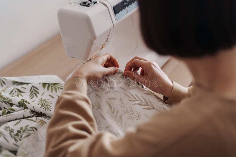Craftswoman Sewing Fabric with Machine in Workshop Stock Image - Image ...