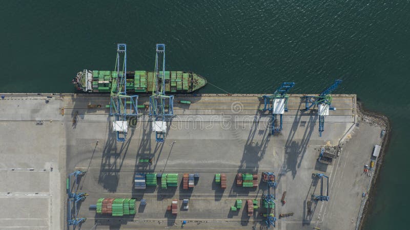 Cran Loading Container on Harbour, Drone Top View Stock Image - Image ...