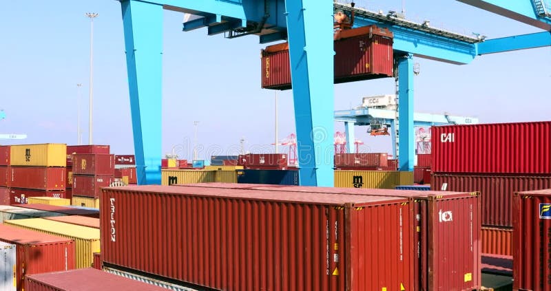 Container Terminal during Loading and Unloading Cargo Containers. Stock Video - Video of crane ...