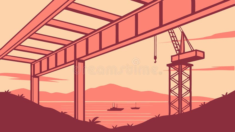 Crane and Bridge Structure at Sunset, Construction Site, Vector Design ...