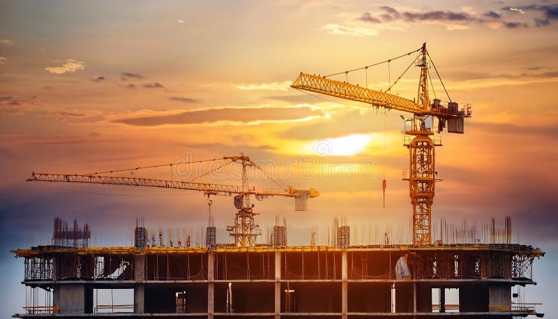 Crane and Building Construction Site with Sunset in the Evening ...