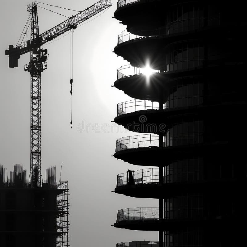 Crane Builds a Building, Construction Site, Silhouette Photo Stock Illustration - Illustration ...