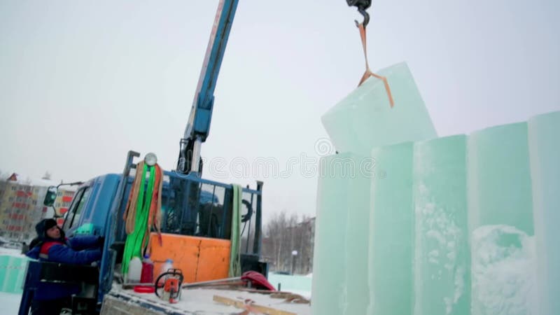 The Crane Driver Raised the Ice Panel Above the Ground Stock Footage ...