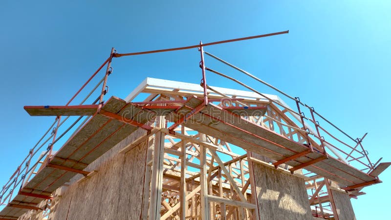 Crane Drone Slow Motion of New Home Wood Framing Construction Site ...