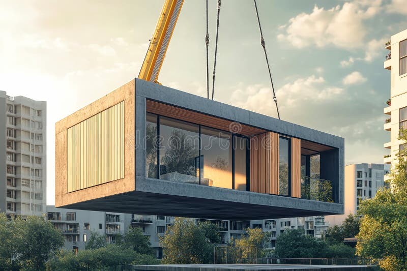 Modern Modular House Being Lifted by a Crane in an Urban Setting with ...