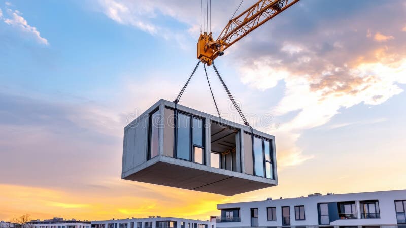 Construction Site Crane Lifting Modular Building Unit Stock Photos ...