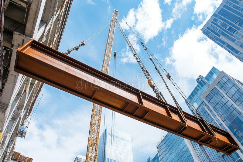 Crane Hoisting Steel Beam on Construction Site with Modern Buildings in ...