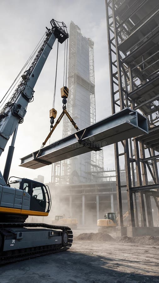 Crane Hoisting a Steel Beam during the Construction of a Skyscraper. Engineering, or Urban ...