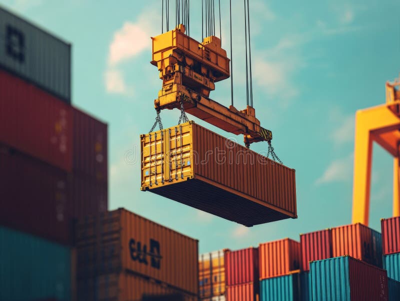 Crane Hoists a Large Cargo Container at the Port, Facilitating the ...