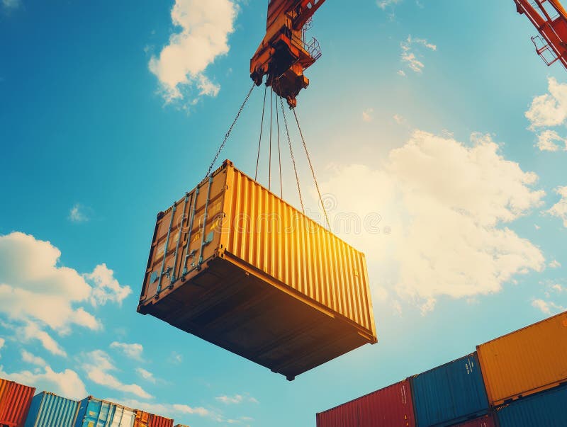 Crane Hoists a Yellow Cargo Container at a Bustling Port, Supporting ...