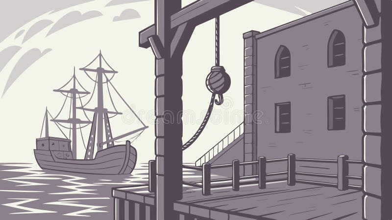 Crane Hook by Historic Dockside with Sailing Ship, Vector Design ...