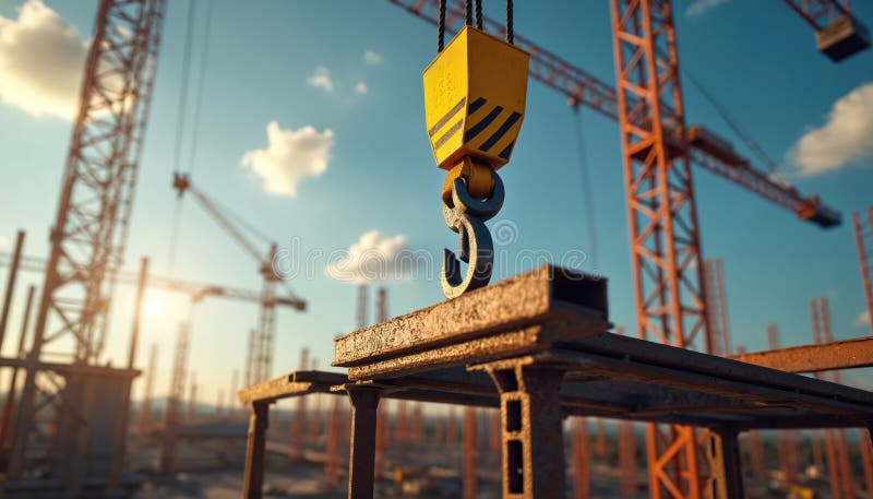 Crane Hook Lifting Heavy Materials at Construction Site. Industrial ...