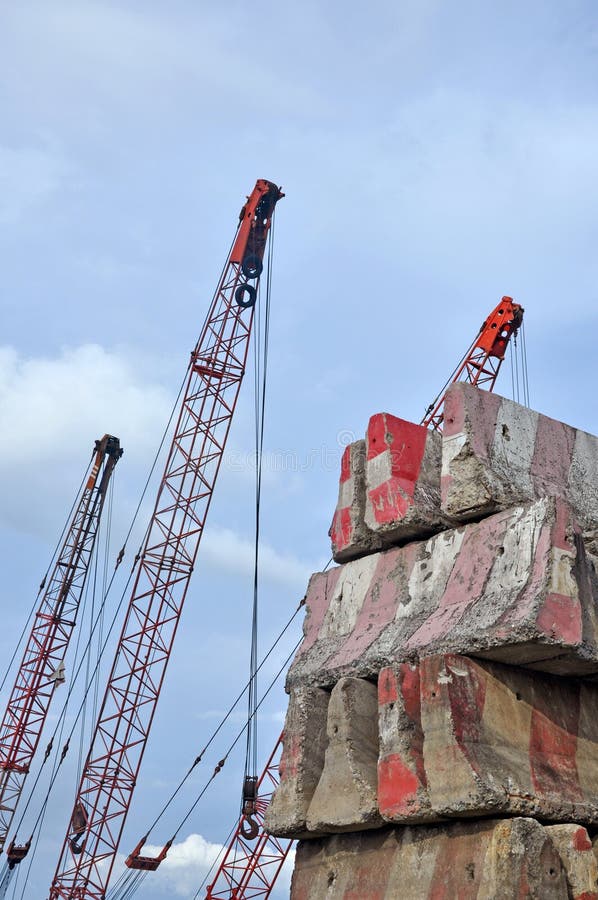 Crane Hook and Stack of Concrete Barriers Stock Image - Image of line ...