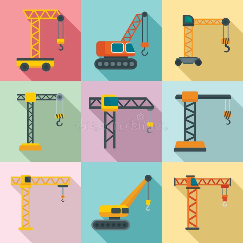 Crane Icons Set, Flat Style Stock Vector - Illustration of equipment ...