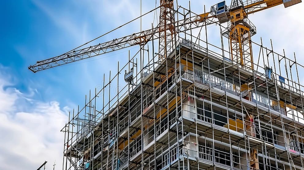 Crane and Incomplete Building on Construction Site Under Clear Blue Sky ...