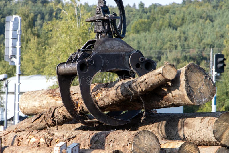 A Crane with Jaws Loads Trunks of Tree into Wagons Stock Image - Image ...