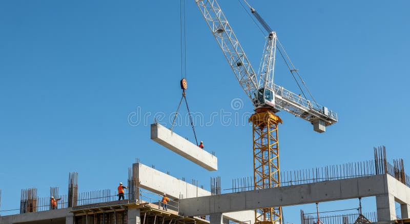 Crane Lifting Concrete Beam at Construction Site Construction Workers ...