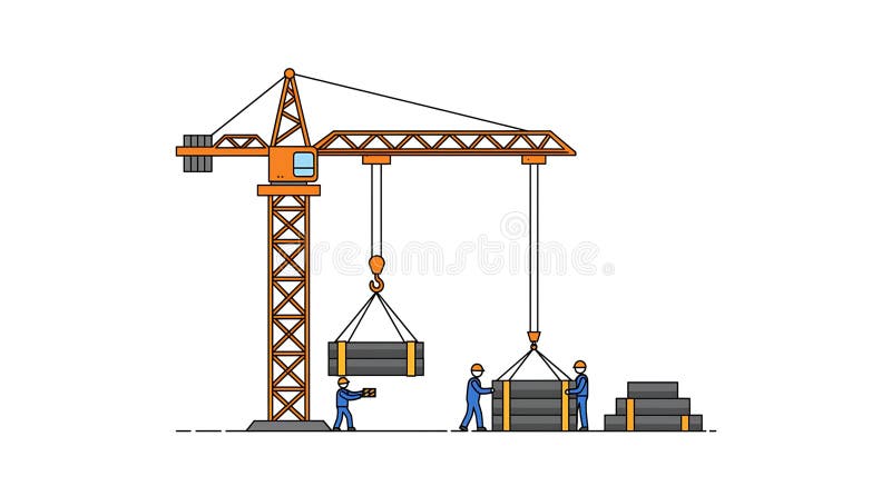 Crane Lifting Heavy Materials with Workers at Construction Site Stock ...