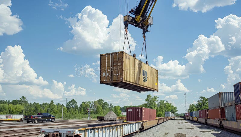 Crane is Lifting a Large Container Onto a Train. Stock Illustration ...