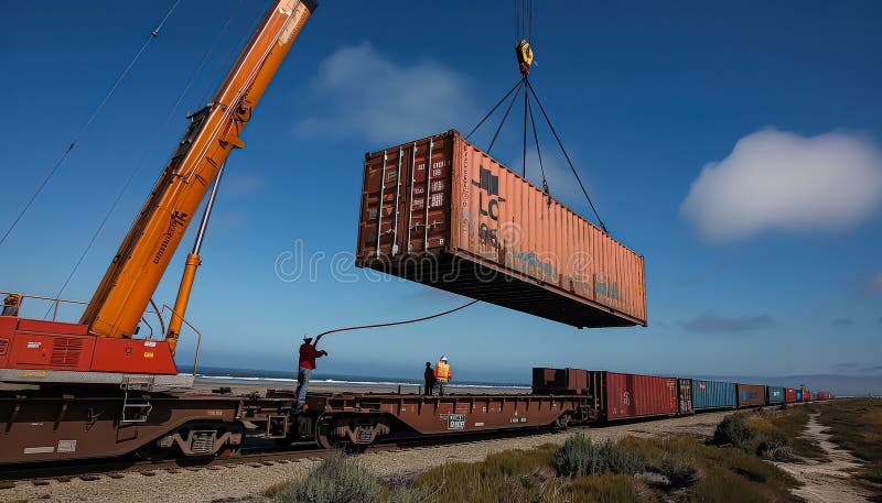 Crane is Lifting a Large Container Onto a Train Stock Illustration ...