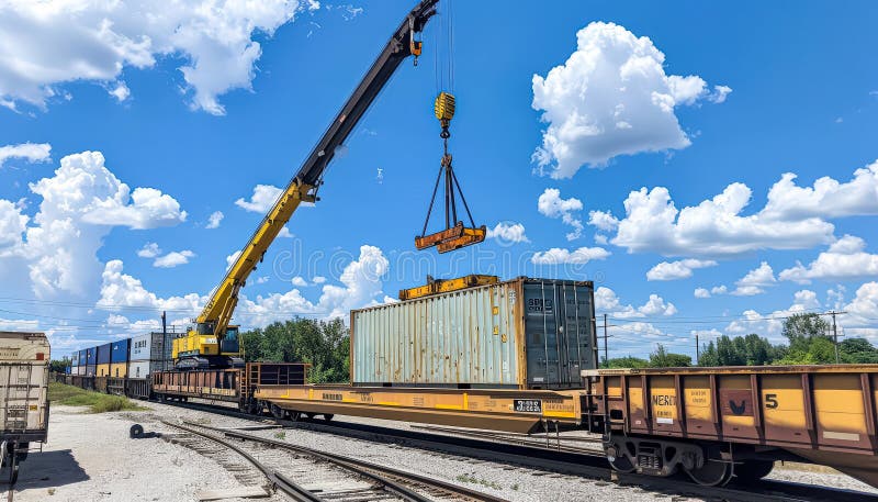 Crane is Lifting a Large Container Onto a Train. Stock Illustration ...
