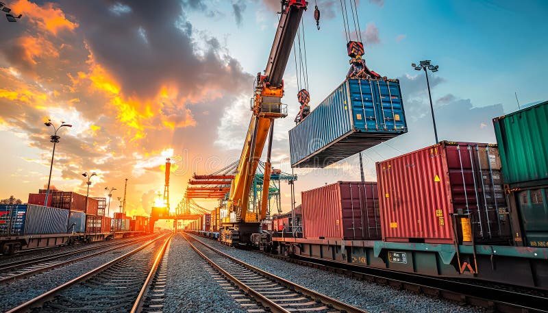 Crane is Lifting a Large Container Onto a Train. Stock Illustration ...