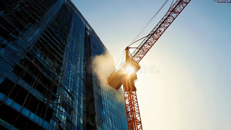 Crane Lifting Materials on Modern Skyscraper Construction Site Slow ...