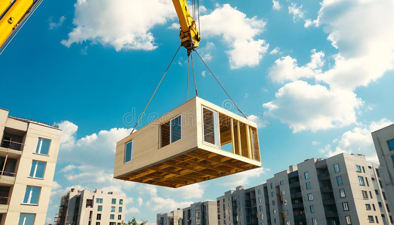 Crane Lifting Modular Construction Unit Against Blue Sky. New Housing Project Development Stock ...