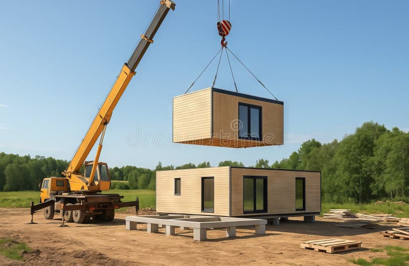 Crane Lifting Modular Home Unit Outdoors on Sunny Day at Construction ...