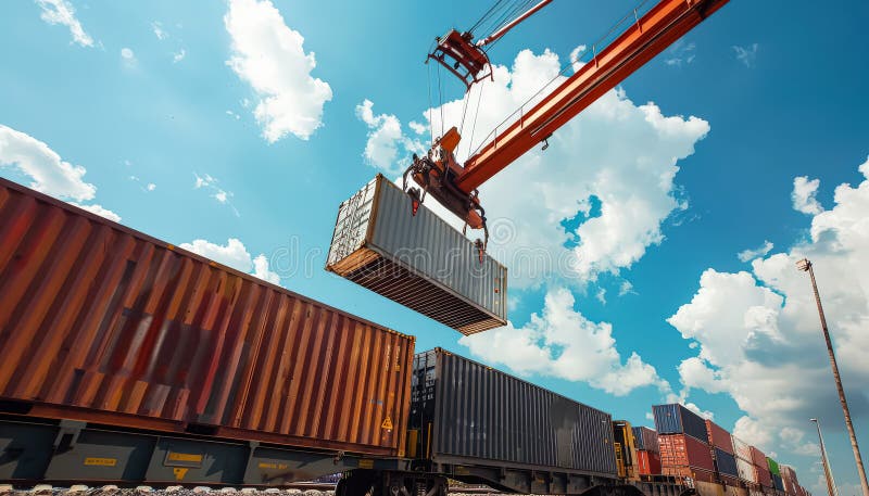 Crane is Lifting a Red Container Off of a Train. Stock Illustration ...