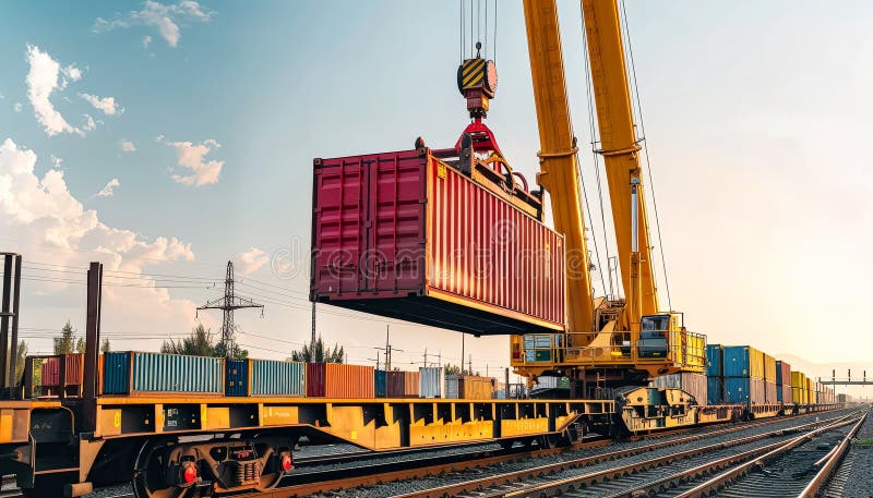 Crane is Lifting a Red Container Off of a Train Stock Illustration ...