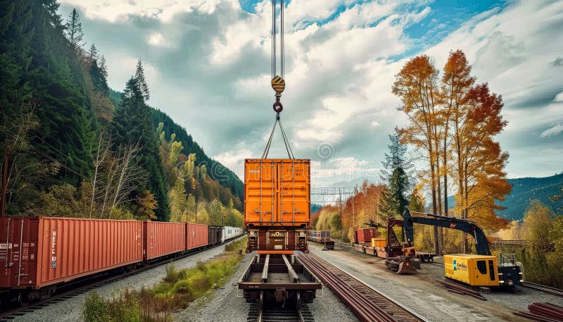 Crane is Lifting a Red Container Off of a Train. Stock Illustration ...