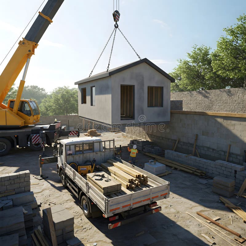 Crane Lifting a Small Prefabricated House Onto a Construction Site ...