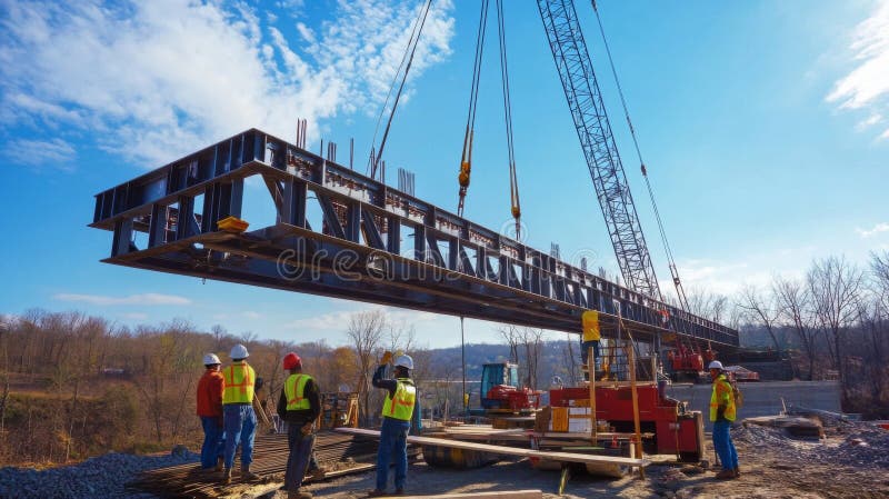 Crane Lifting a Steel Bridge Section during Construction Stock ...