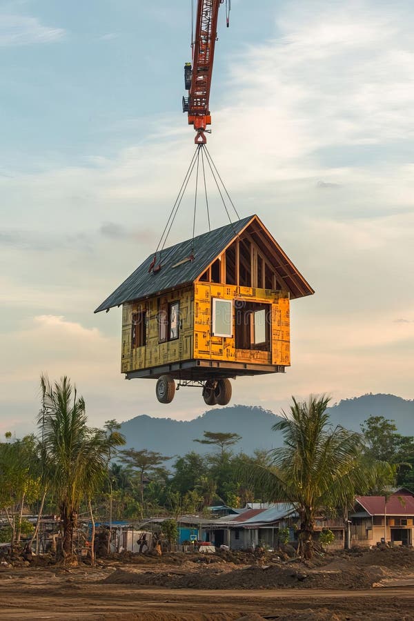 Crane Lifting Tiny House at Modern Rural Construction Site in Thailand ...