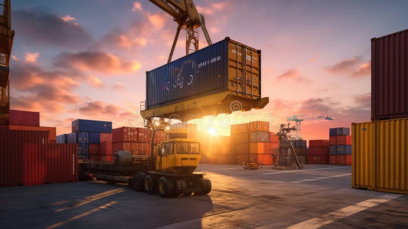 Crane Lifting Up Container in Container Yard at Sunset. Artificial Intelligence, Generative AI ...
