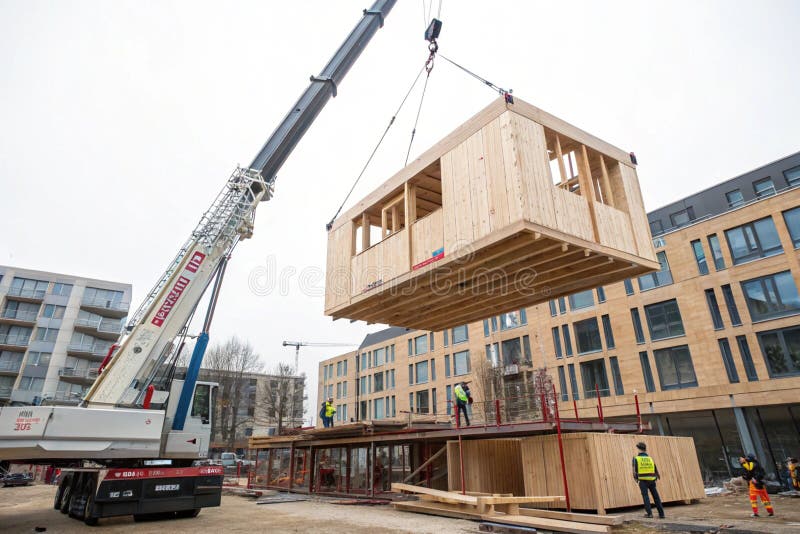 Crane Lifting Wooden Building Module in Construction Stock Illustration ...