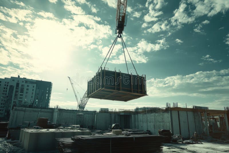 Crane Lifts Container on Construction Site Stock Image - Image of ...